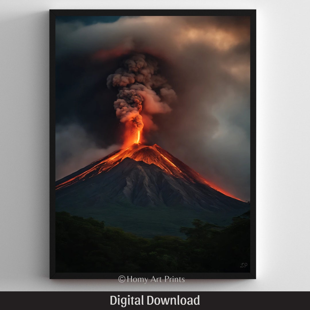 Erupting Volcano Art Print Realistic Painting Printable Wall Art ...