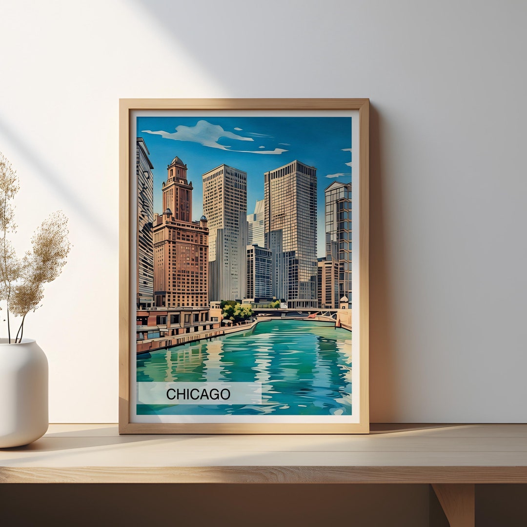 Chicago Travel Poster, Riverwalk and Skyline View, Modern Cityscape ...