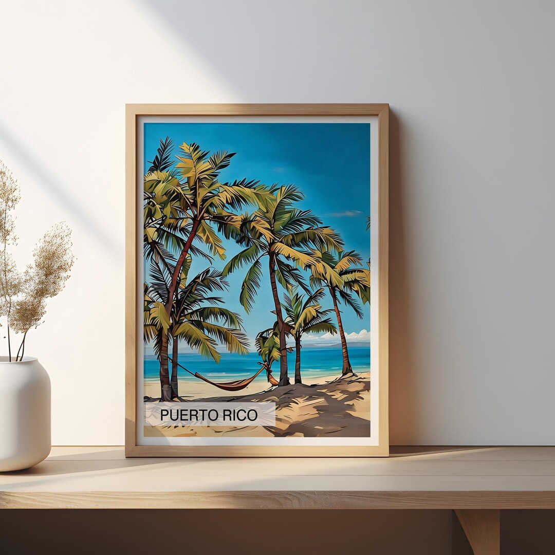 Puerto Rico Travel Poster, Hammock and Palm Trees, Caribbean Beach ...