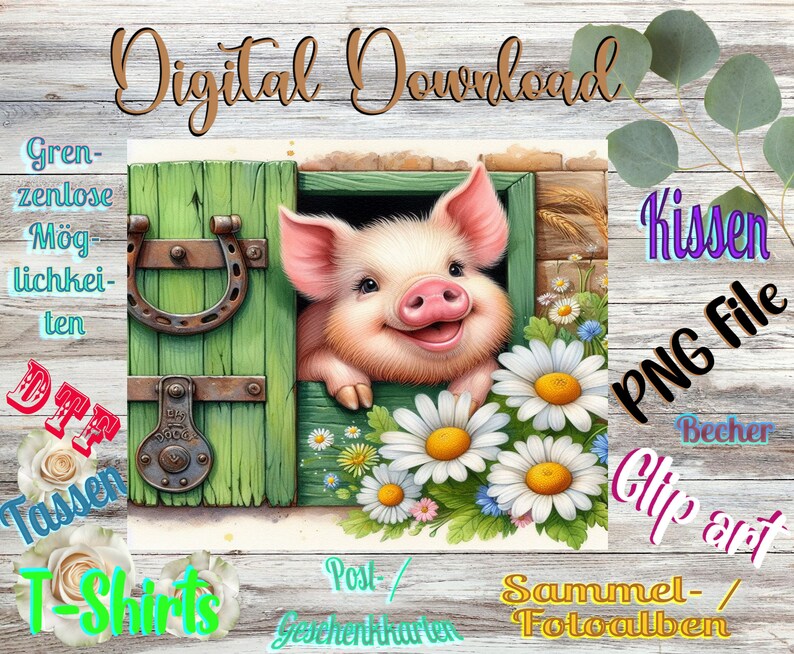 Pig Digital Download PNG File Purple Scrapbooking Card Making Daisies ...
