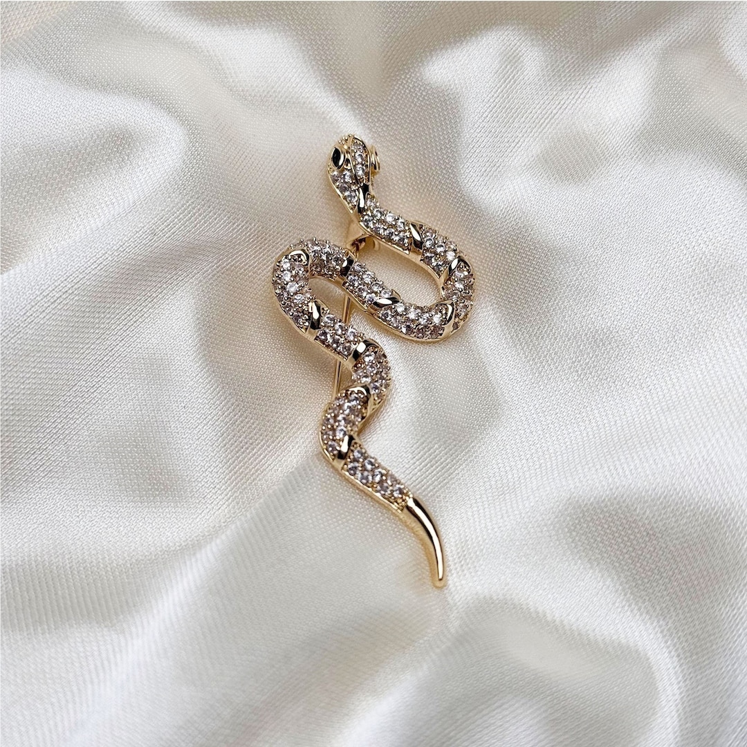 Gold Snake Brooch: White Zircon Inlay Serpent Lapel Pin - Etsy