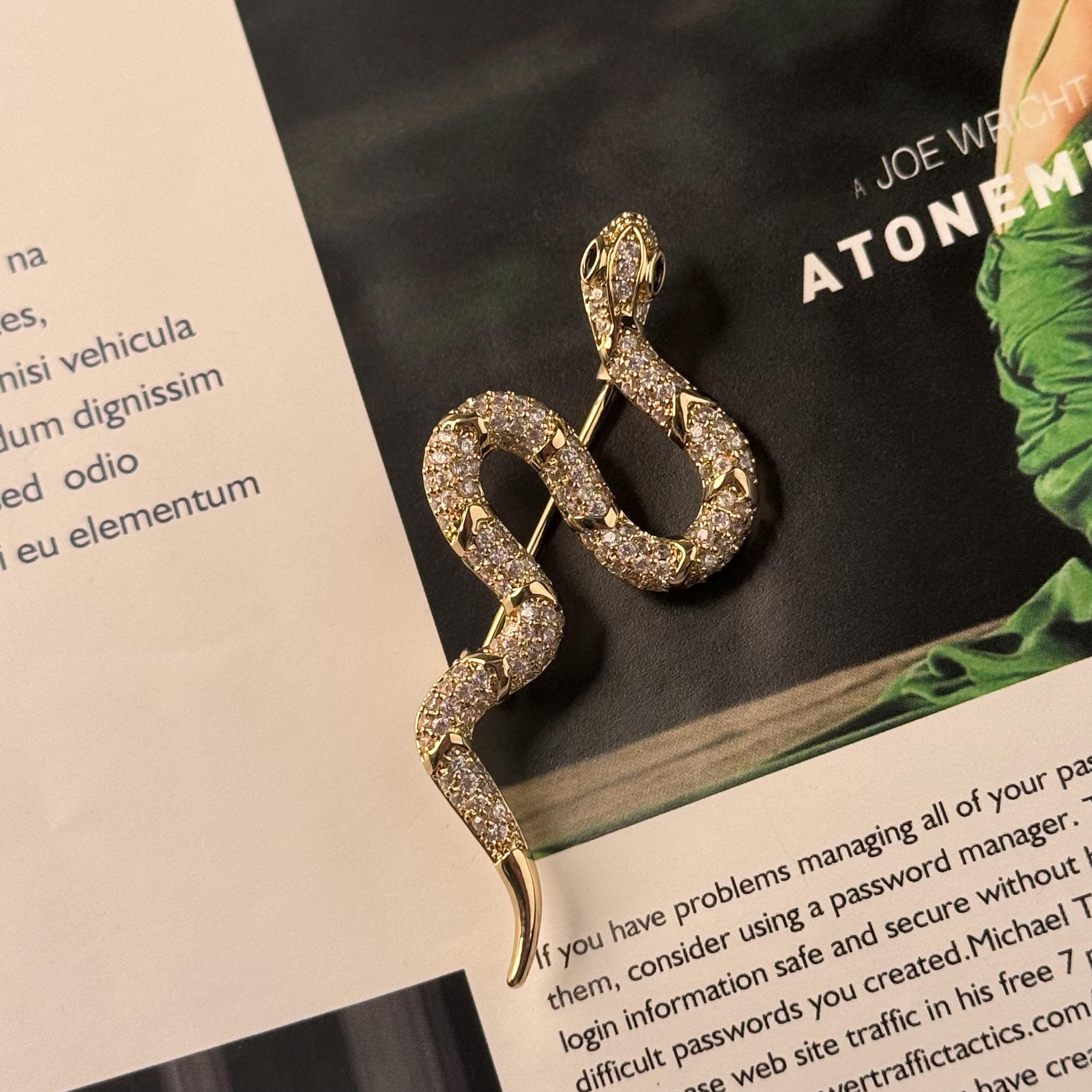 Gold Snake Brooch, White Zircon Inlay, Copper Brooch - Etsy