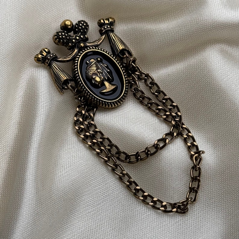 Vintage Bronze Chain Brooch: Woman's Head Badge - Etsy