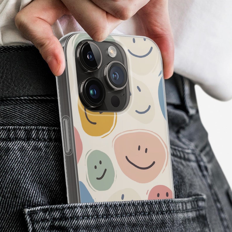 Smiley Faces Phone Case Pastel Bumpy Happy Face Cover for iPhone 15 Pro ...