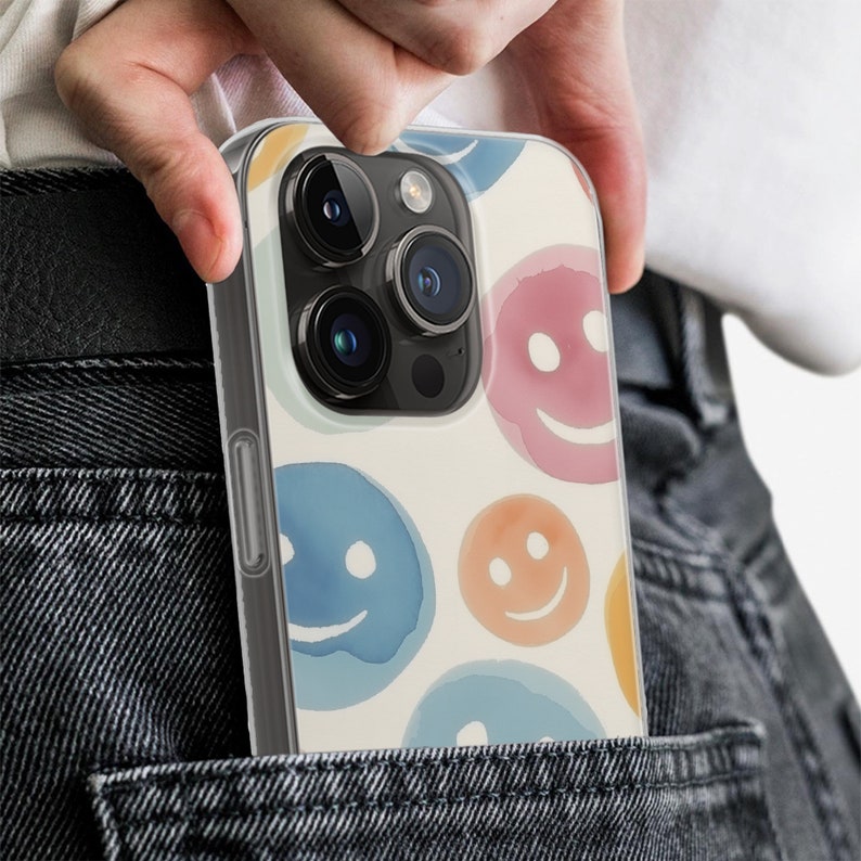 Smiley Faces Phone Case Pastel Bumpy Happy Face Cover for iPhone 15 Pro ...