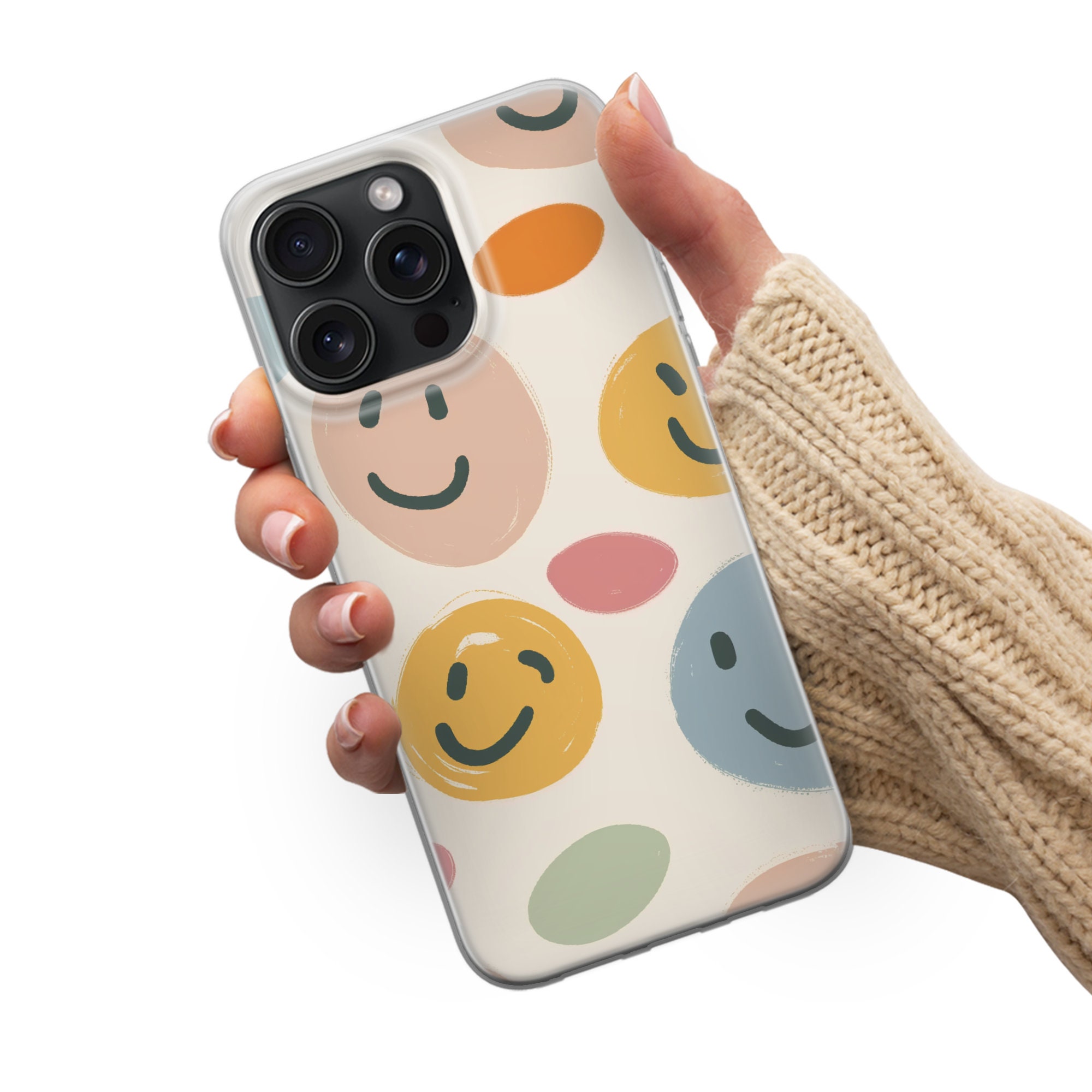 Smiley Faces Phone Case Pastel Bumpy Happy Face Cover for iPhone 15 Pro ...