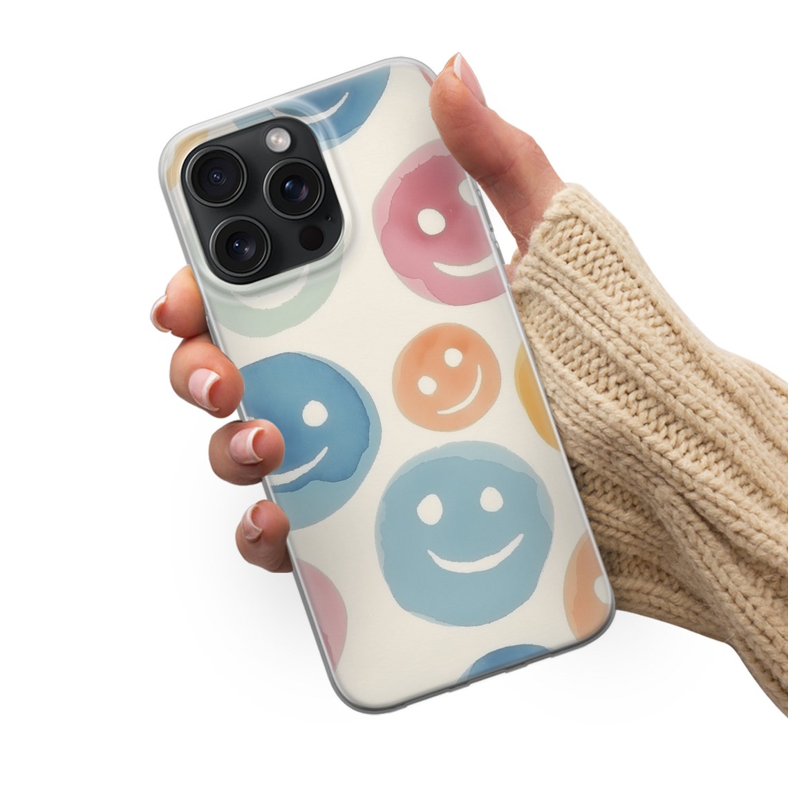 Smiley Faces Phone Case Pastel Bumpy Happy Face Cover for iPhone 15 Pro ...