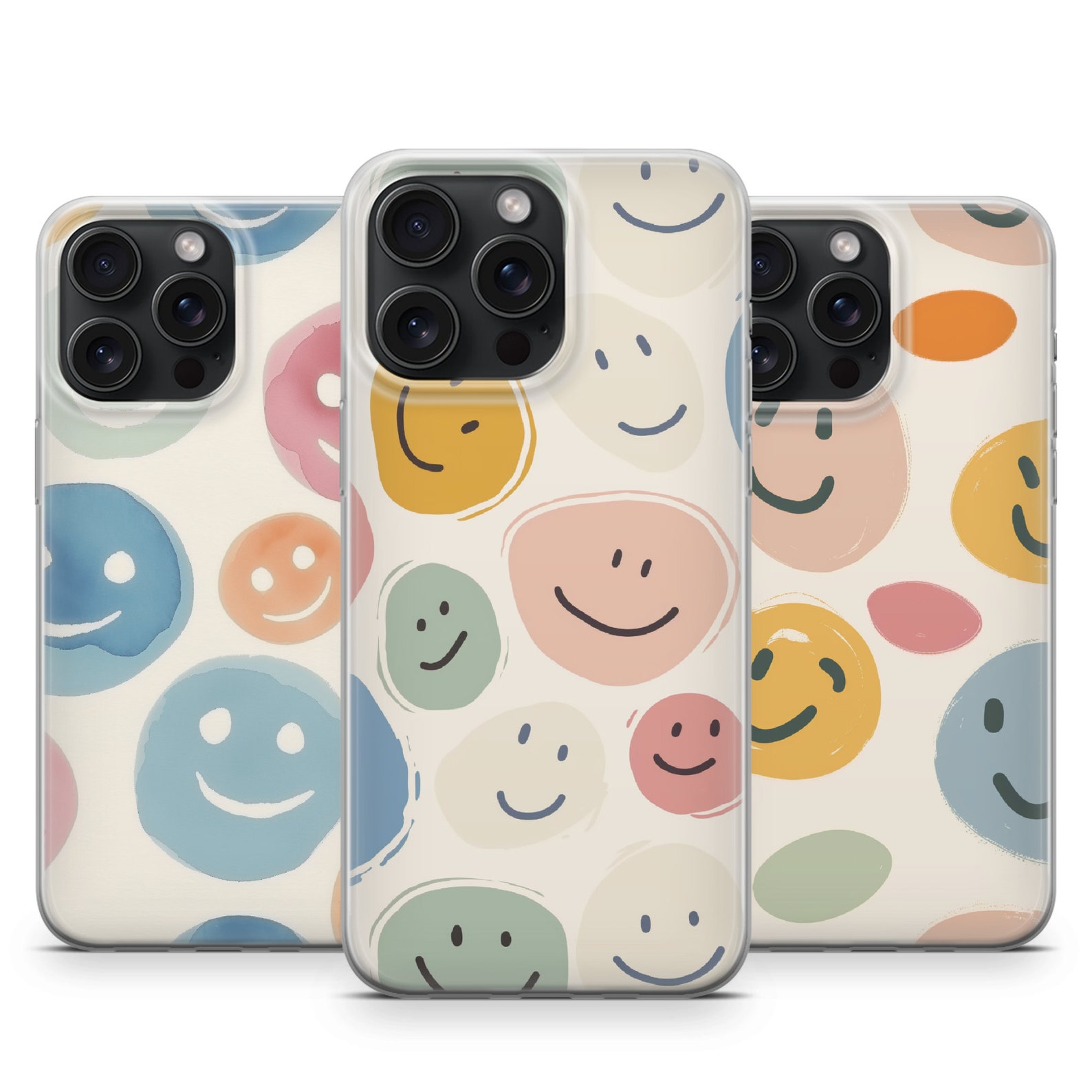 Smiley Faces Phone Case Pastel Bumpy Happy Face Cover for iPhone 15 Pro ...