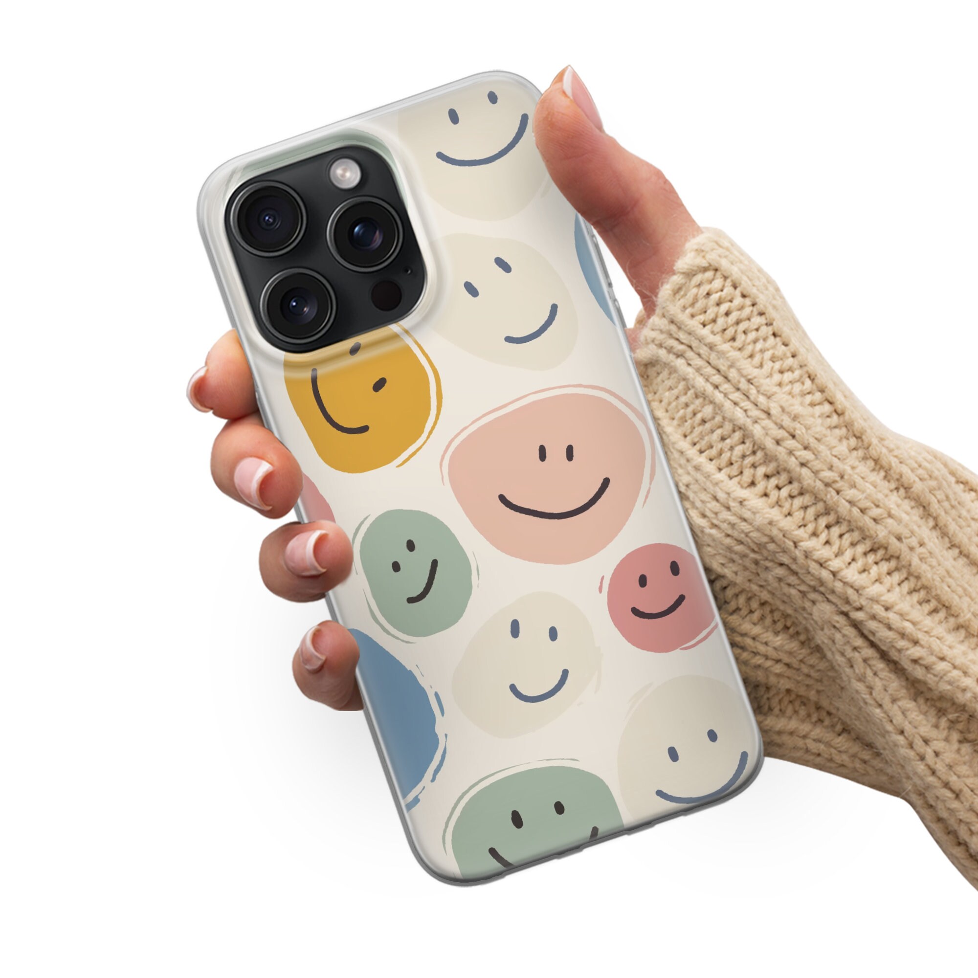 Smiley Faces Phone Case Pastel Bumpy Happy Face Cover for iPhone 15 Pro ...