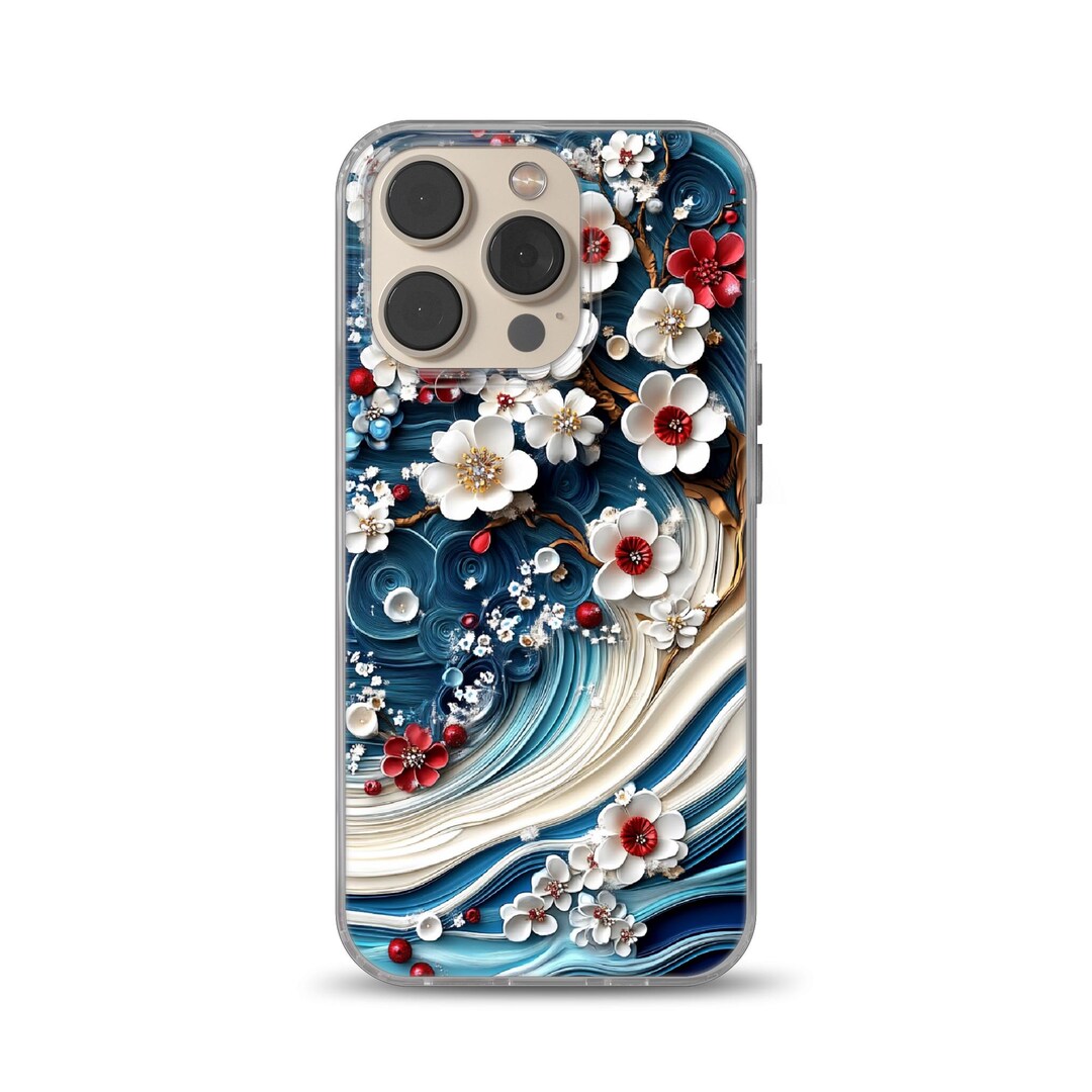 Cherry Blossom Phone Case Ocean Wave Cover for iPhone 16e, 14, 13, 12 ...