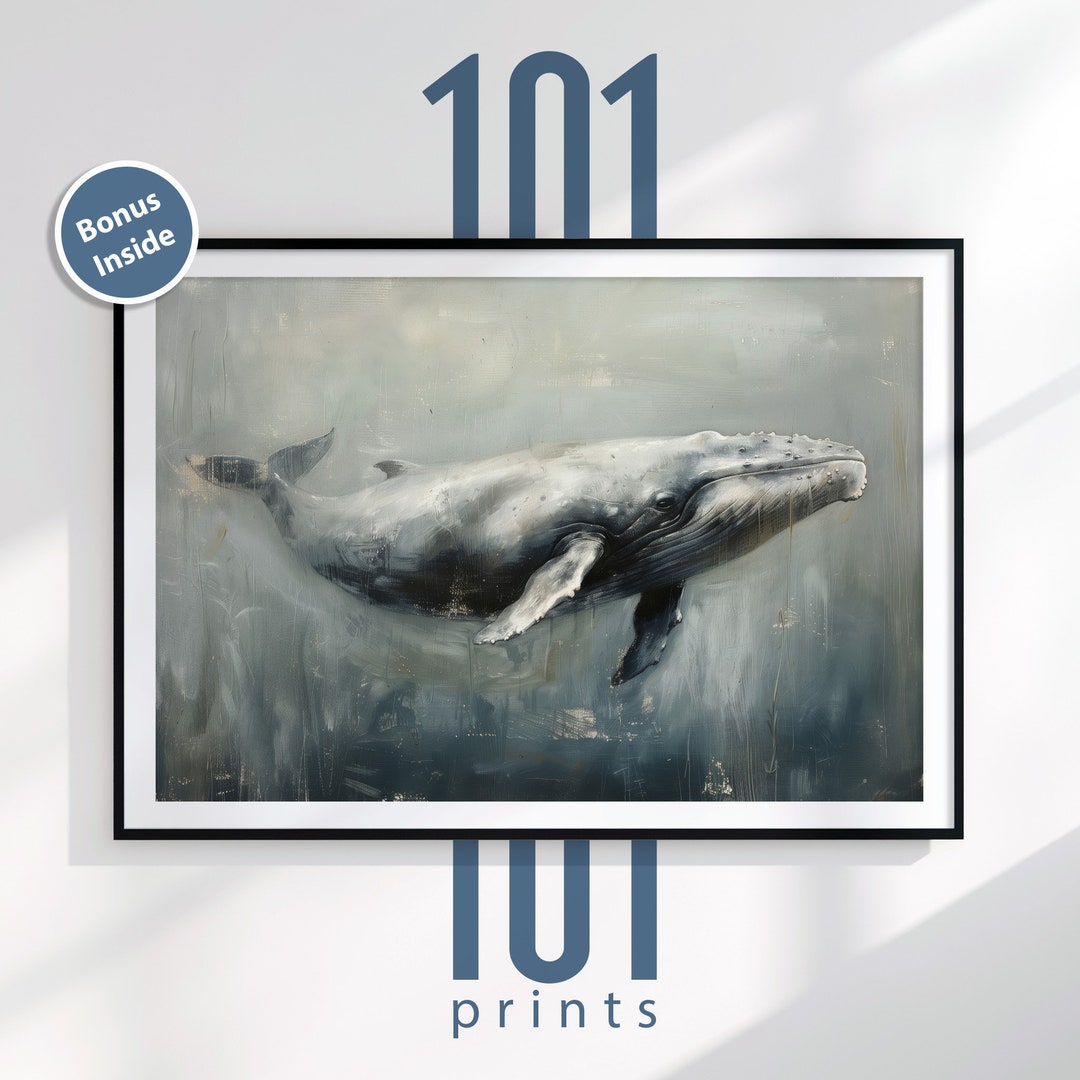 Blue Whale Swimming in the Ocean Oil Painting, Vintage Wall Art, Calm ...