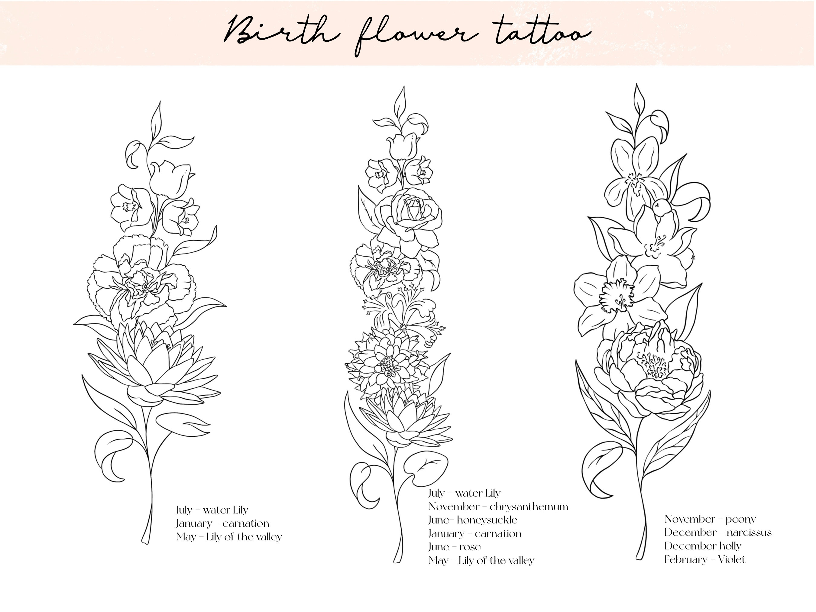 Custom Birth Flower Tattoo Design, Birth Flower Bouquet Vertical Line ...