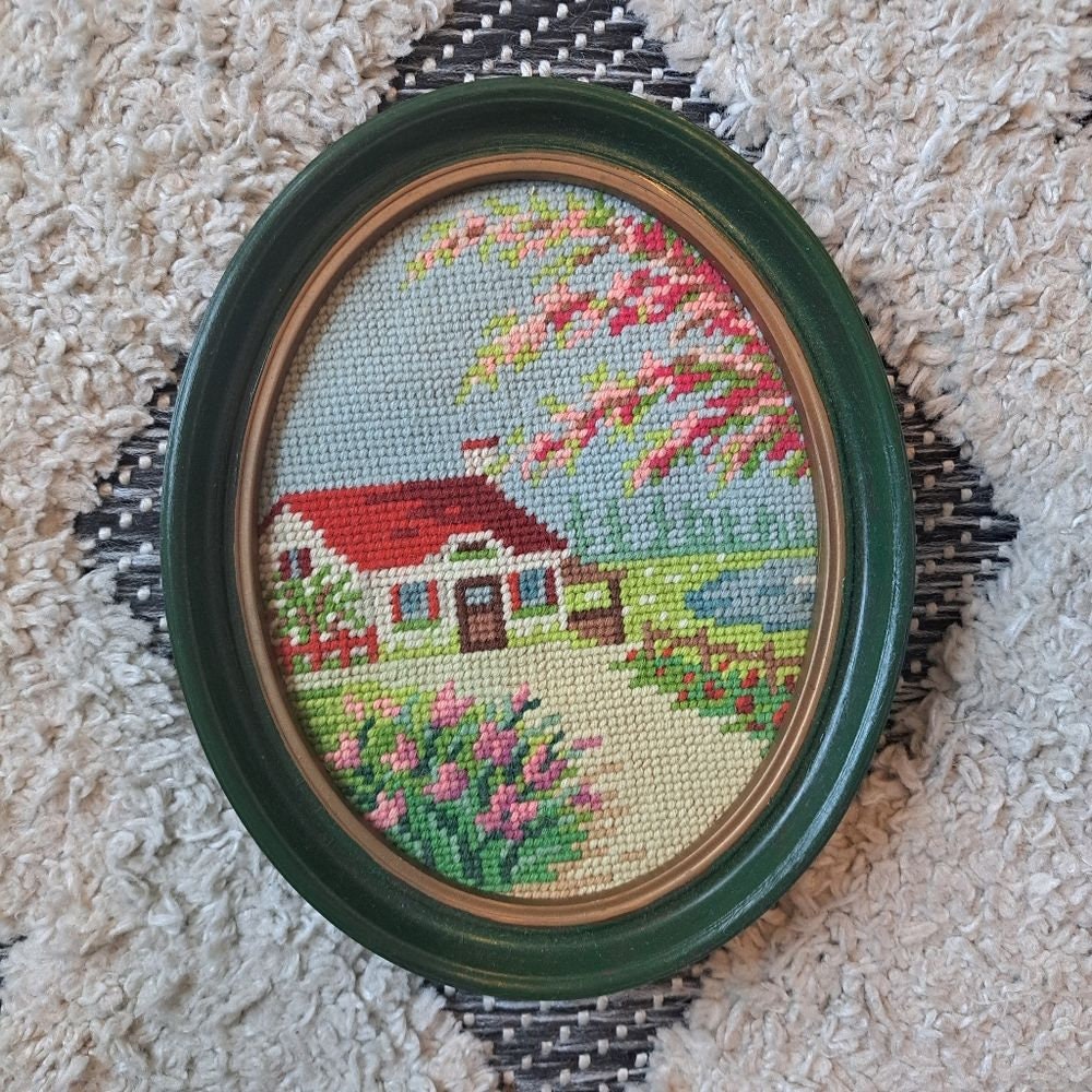 Vintage 1970's Round Needlepoint Cross-stitch Country Cottage Scene ...