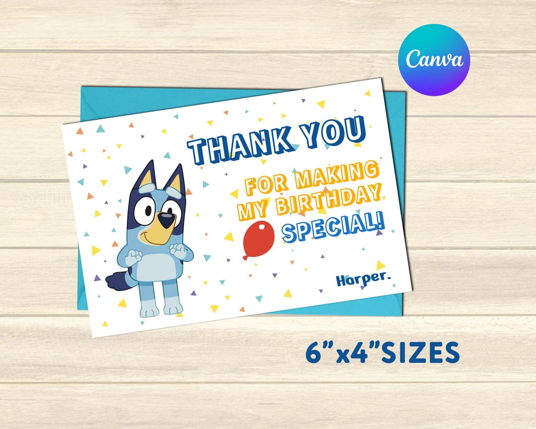 Editable Bluey and Bingo Birthday Party Thank You Card, Disney Girl or ...