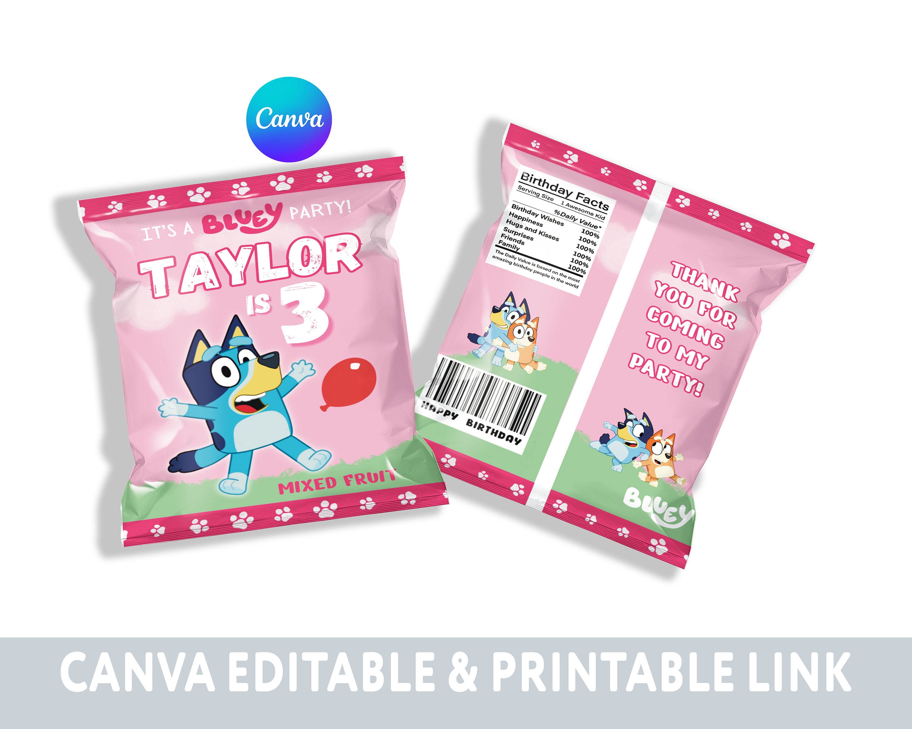 Editable Kids Birthday Party Fruit Snacks Bag Labels, Template ...