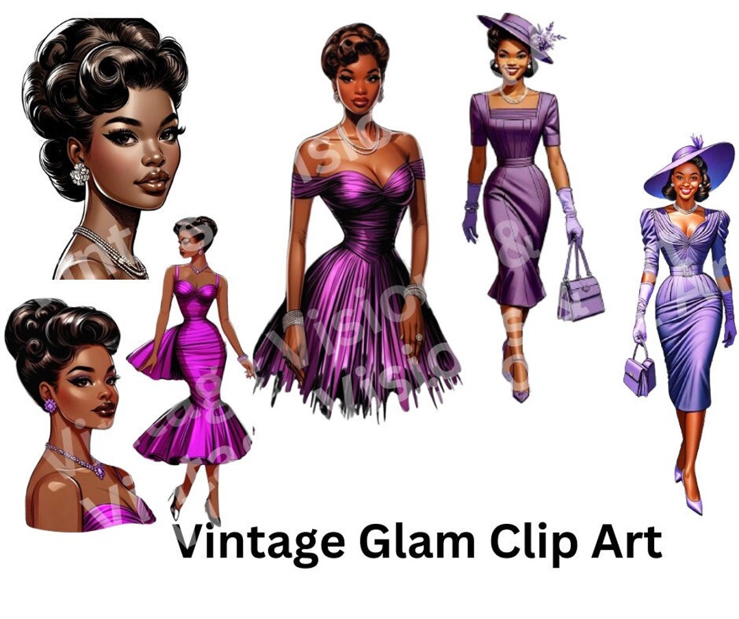 Black Glam Clip Art, Black Ladies Vintage Clip Art, Purple Fashion Art ...