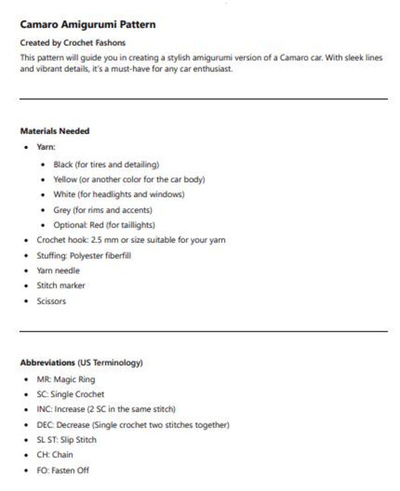 Camaro Amigurumi Pattern Crochet Car Toy Pattern, DIY Stuffed Animal ...