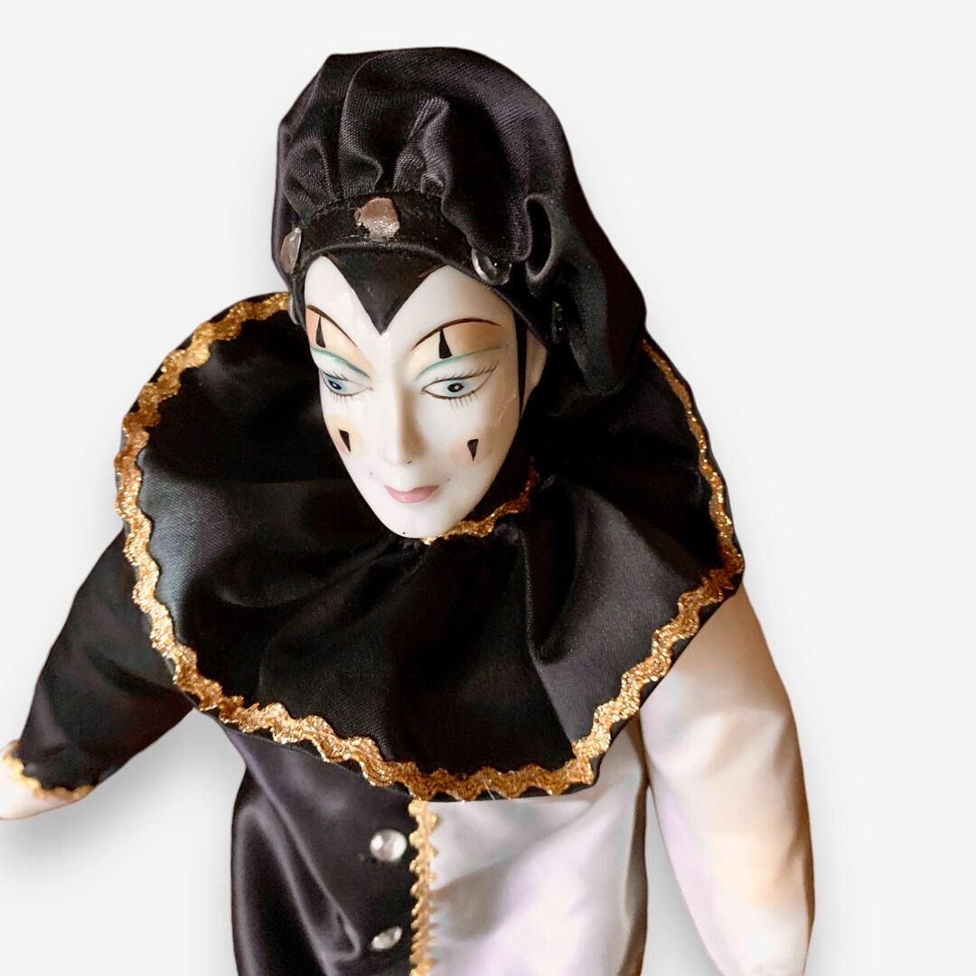 Pierrot Porcelain Doll Black White Gold 1980 - Etsy