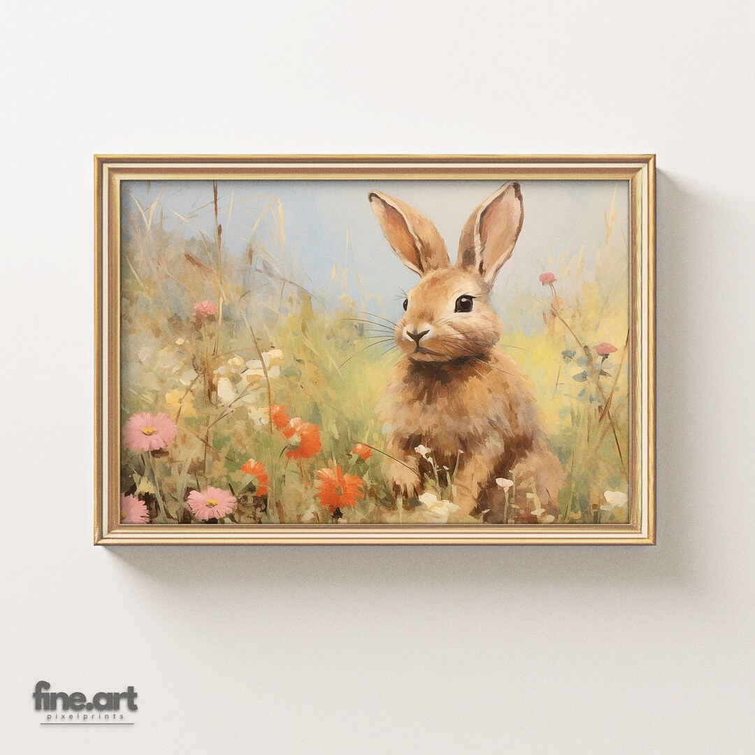 Printable Easter Rabbit Painting Vintage Oil Art Decor Home Decoration ...