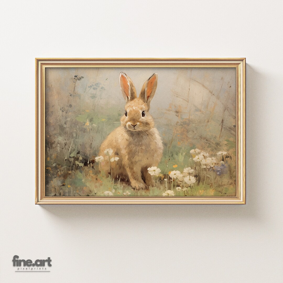 Bunny Rabbit of Vintage Spring, Printable Painting, Vintage Wall ...