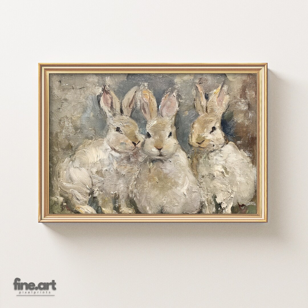 Cute Bunny Rabbits of Vintage Spring, Printable Painting, Vintage Wall ...