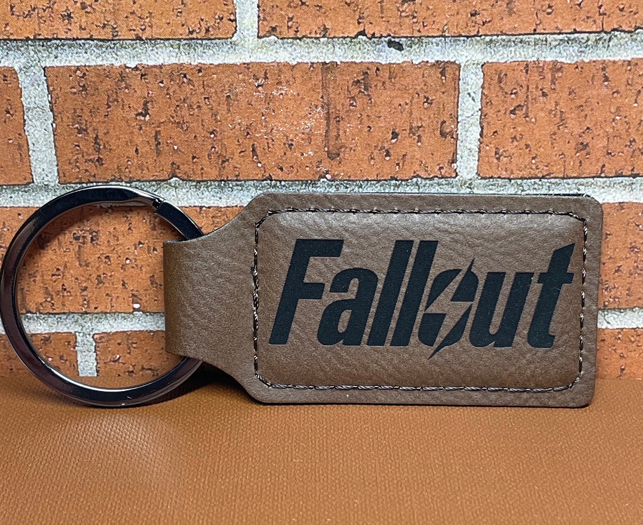 Fallout Keychain PU Leather Brown and Black Laser Engraved Fallout Key ...