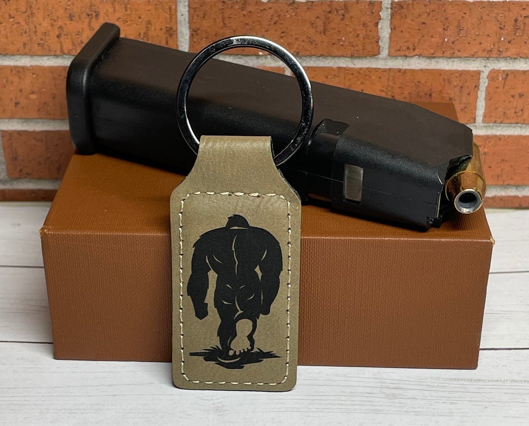 Bigfoot Keychain - PU Leather Light Brown and Black Laser Engraved ...