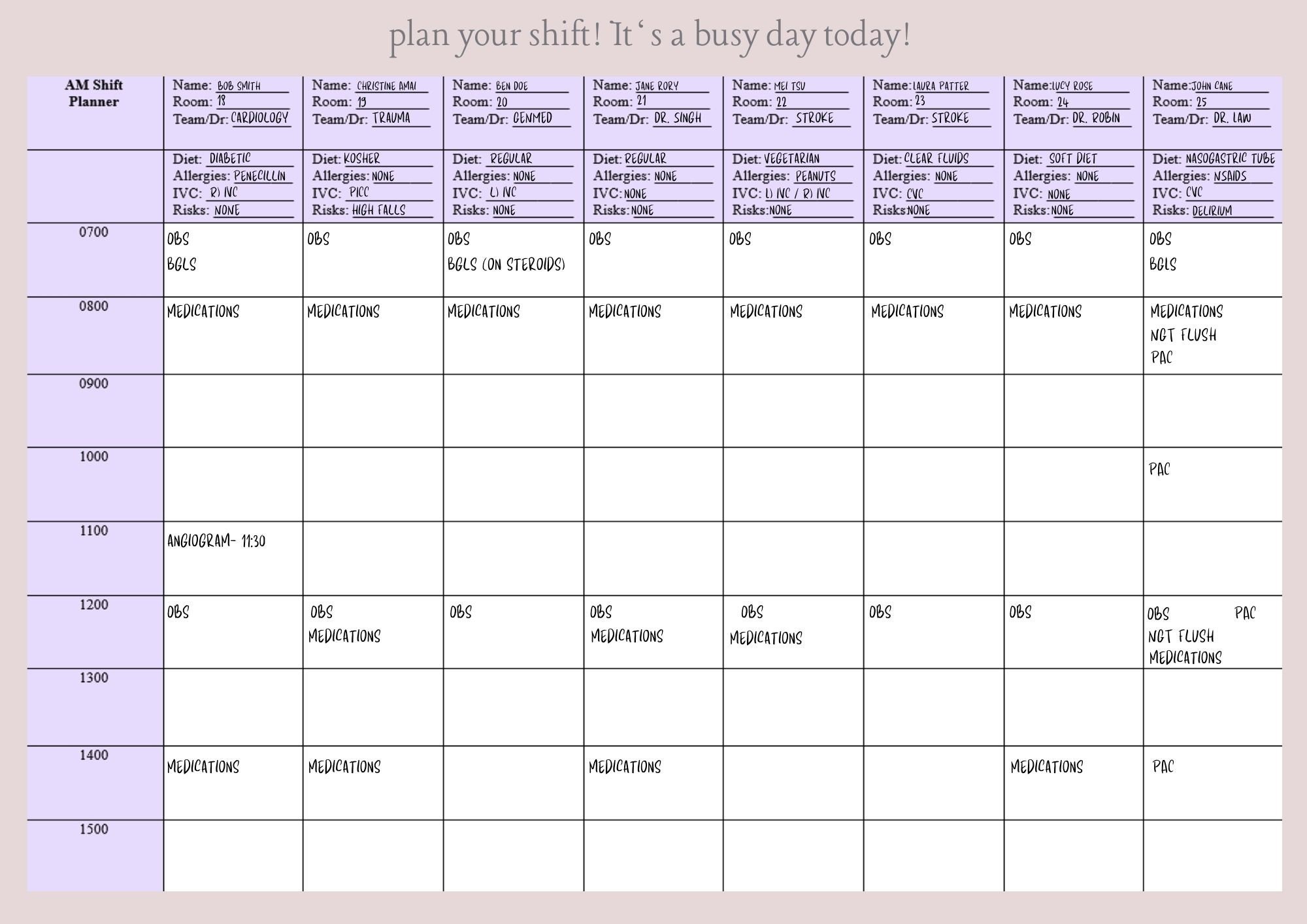 Nurse Daily Shift Planner, 8 Patient Load, Medical Nursing, Shift ...