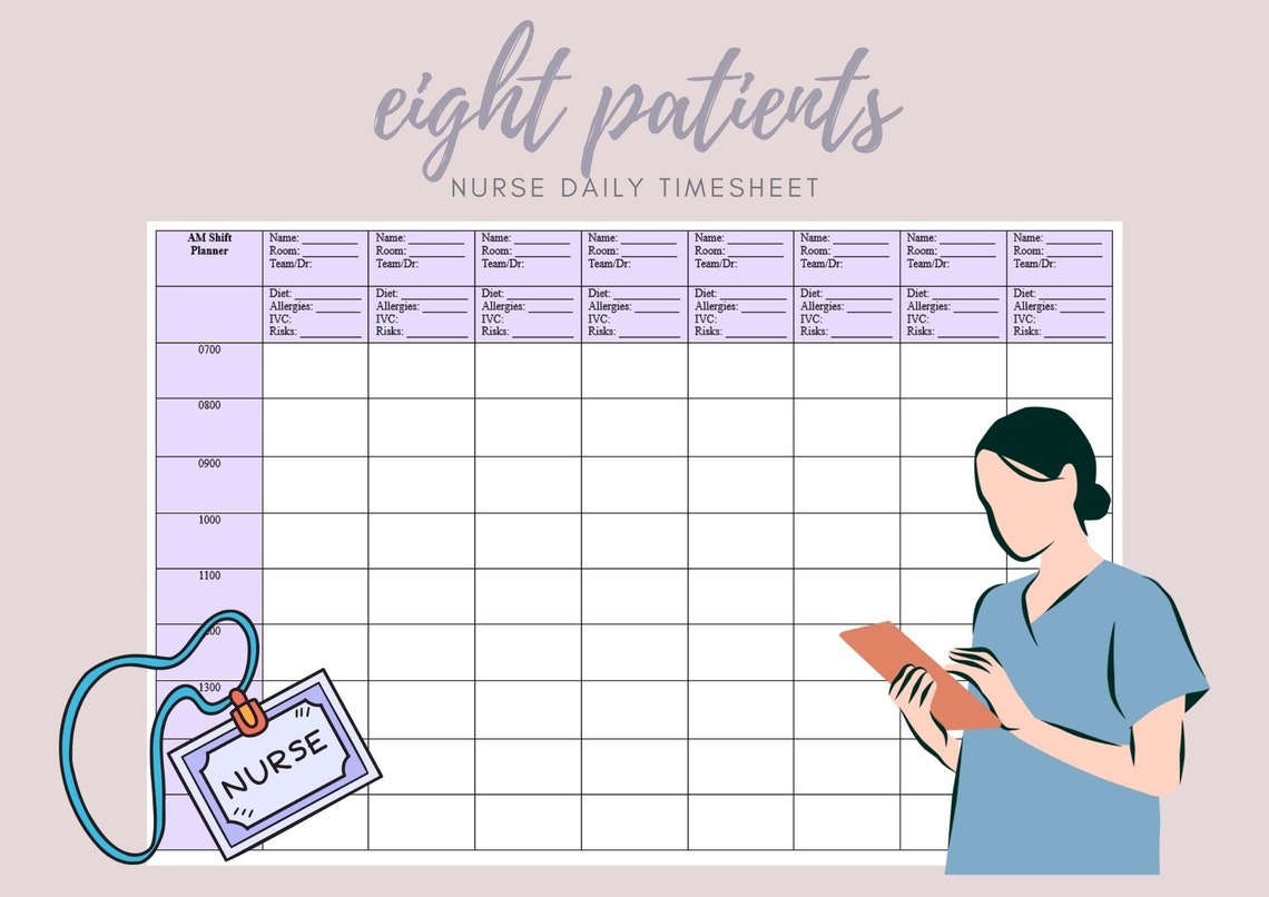 Nurse Daily Shift Planner, 8 Patient Load, Medical Nursing, Shift ...