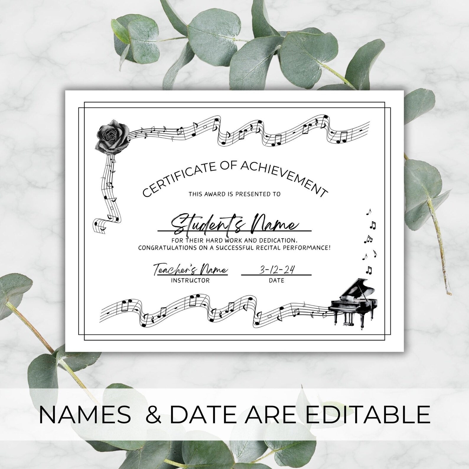 Piano Recital Certificate, Music Student Achievement Award, Editable ...