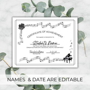Piano Recital Certificate, Music Student Achievement Award, Editable ...