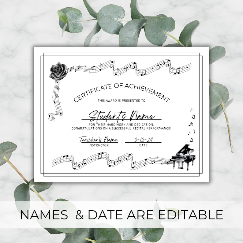 Piano Recital Certificate, Music Student Achievement Award, Editable ...
