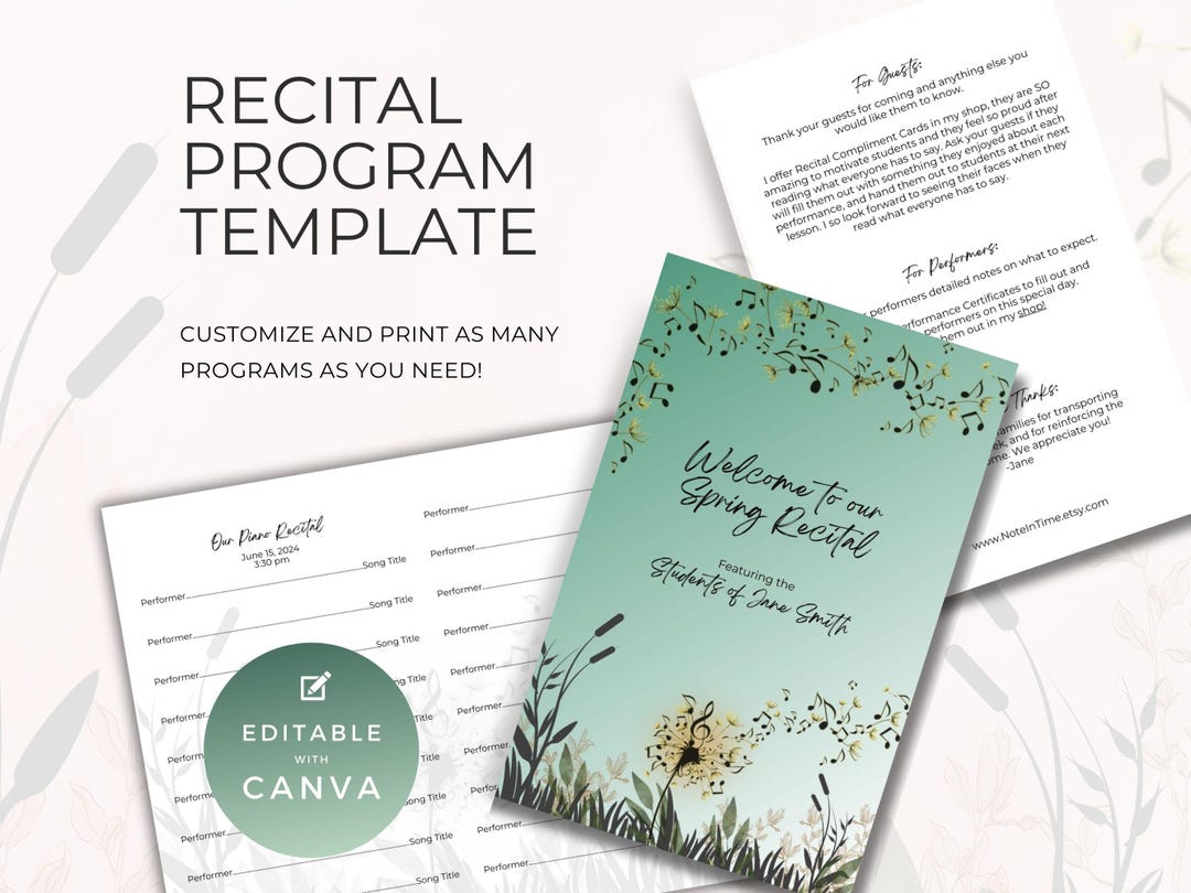 Piano Recital Program Template, Spring Sage Theme, Music Teacher ...