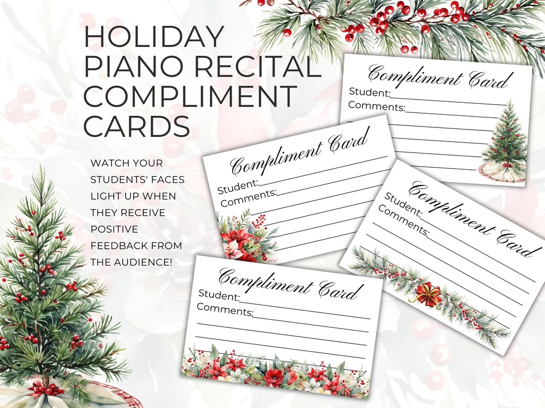 Compliment Cards for Piano Recitals, Christmas Holiday Theme for Winter ...