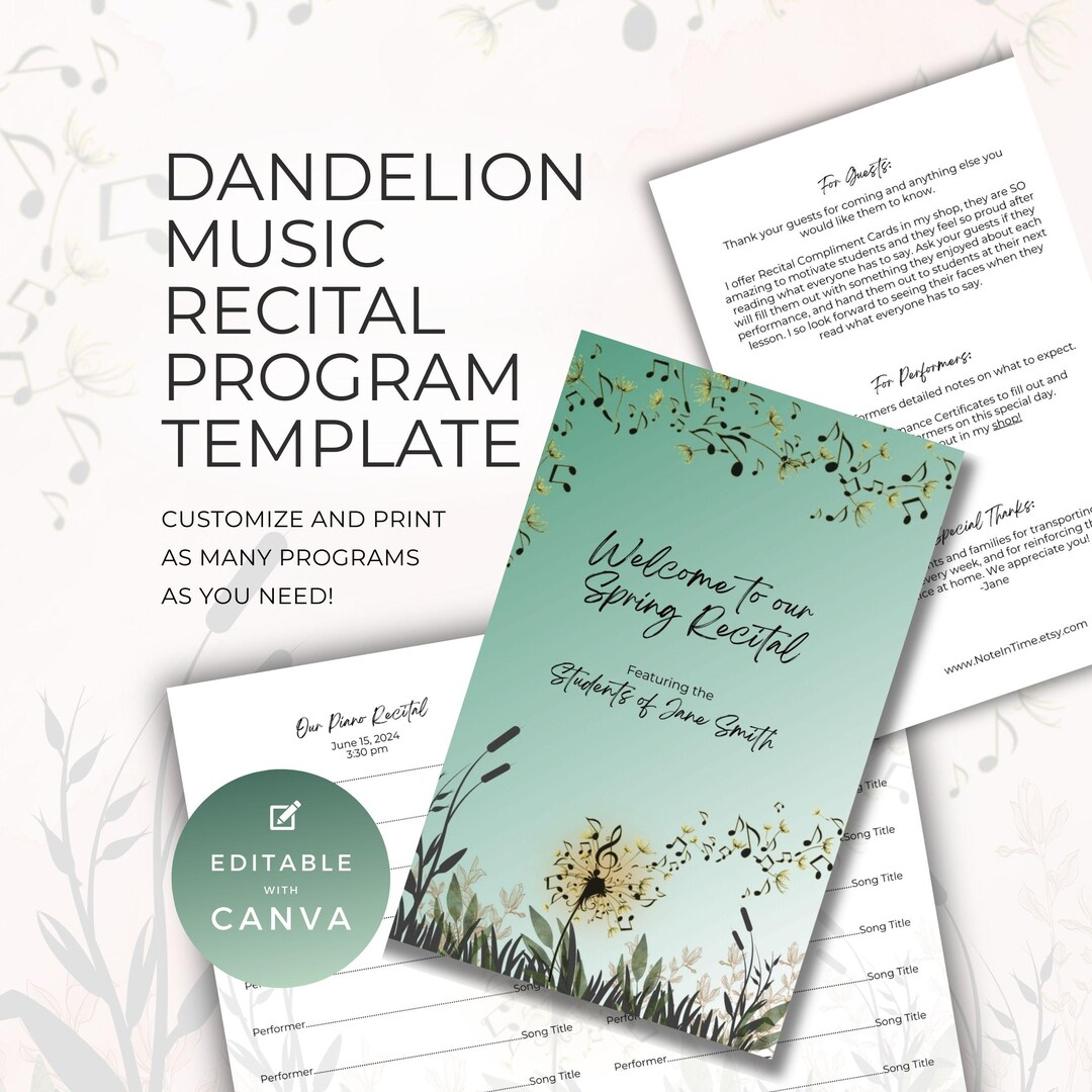 Piano Recital Program Template, Spring Sage Theme, Music Teacher ...