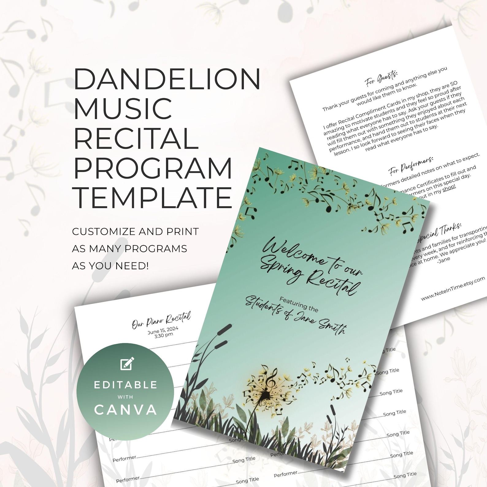 Piano Recital Program Template, Spring Sage Theme, Music Teacher ...