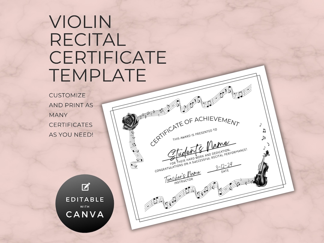 Violin Recital Certificate, Music Student Achievement Award, Editable ...