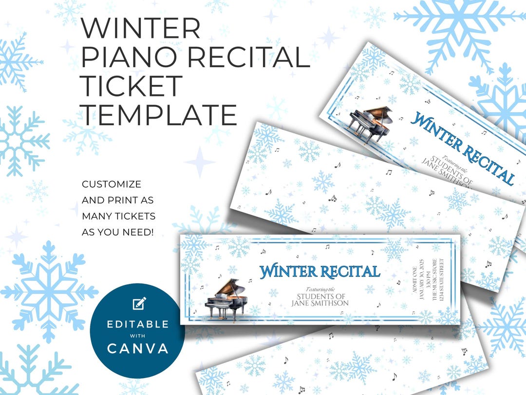 Ticket Template for Winter Piano Recital, Edit in Canva, Snowflake ...