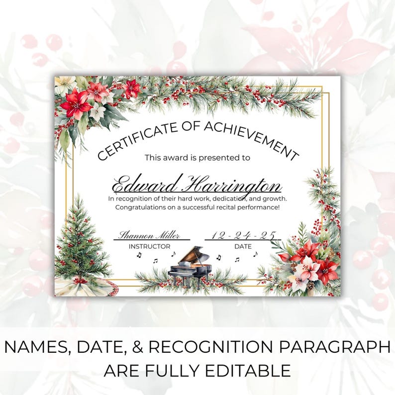 Piano Recital Certificate Christmas Template, Holiday Xmas Tree, for ...