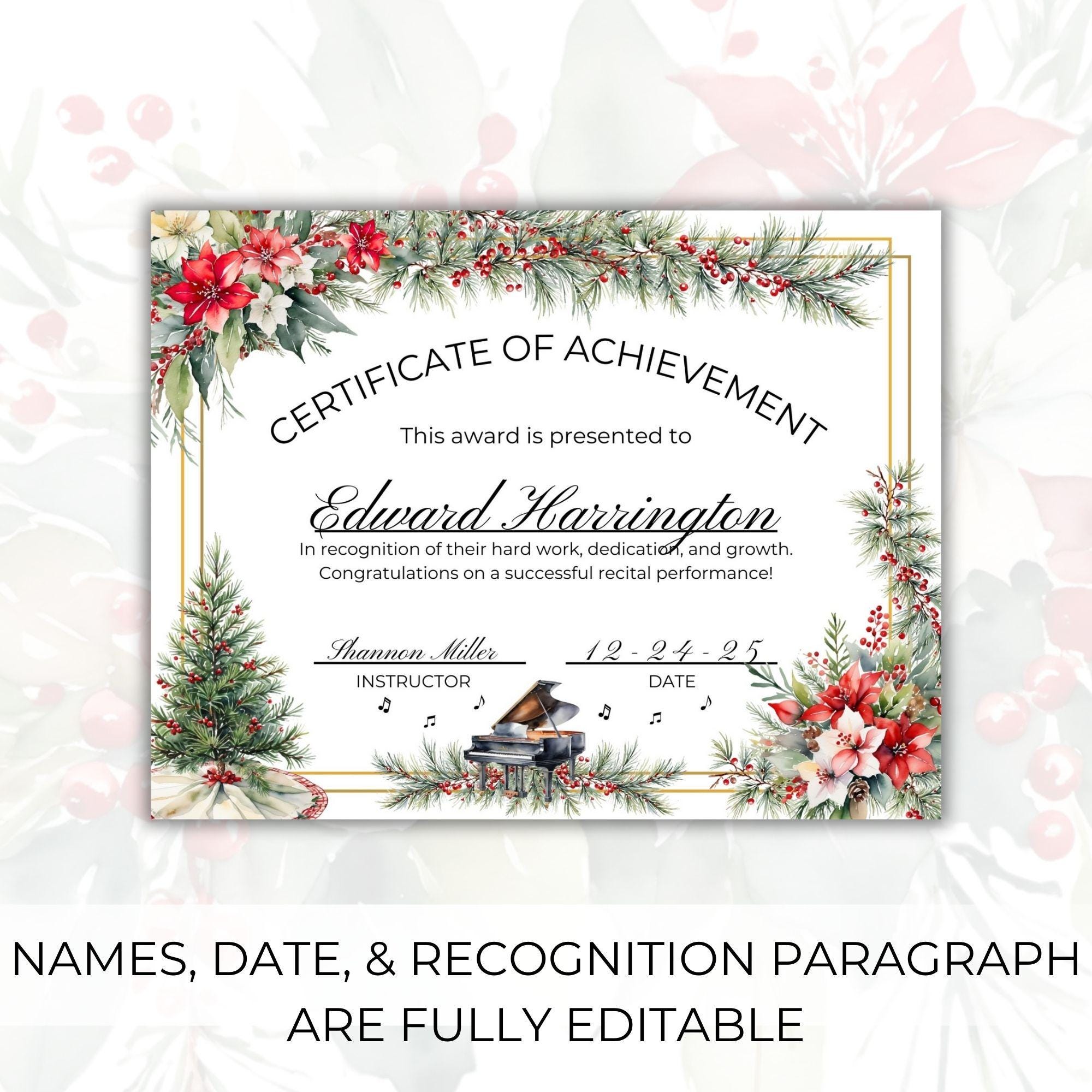Piano Recital Certificate Christmas Template, Holiday Xmas Tree, for ...