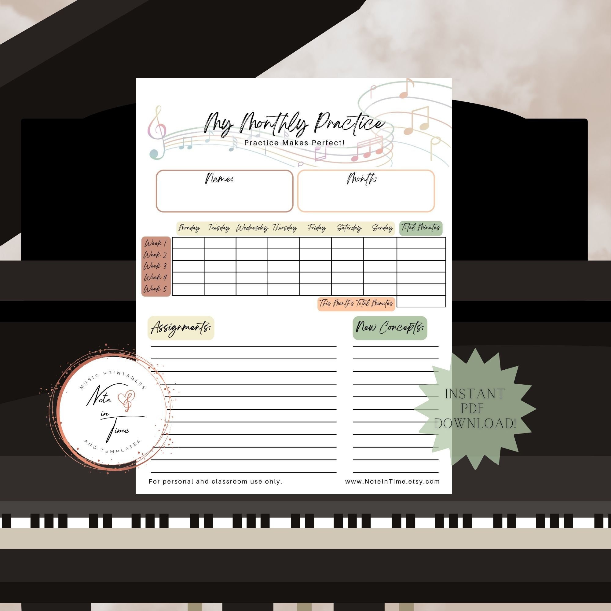 Music Practice Chart, Monthly Practice Minutes, for Piano, Orchestra or ...