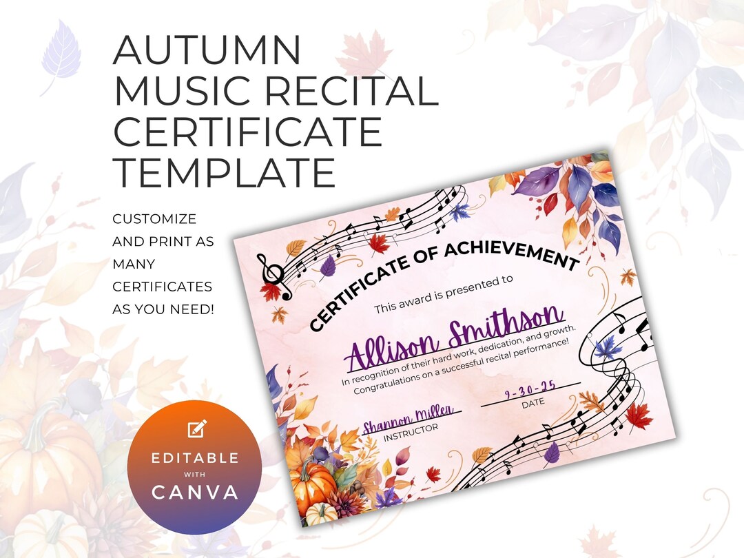Music Recital Certificate, Student Achievement Award, Editable Canva ...