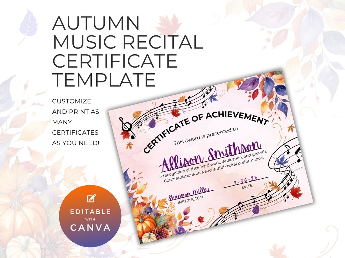 Music Recital Certificate, Student Achievement Award, Editable Canva ...