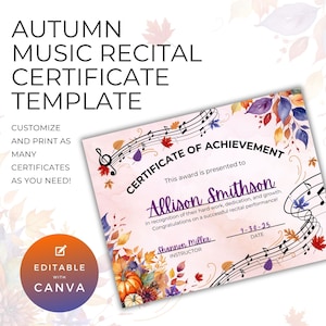 Music Recital Certificate, Student Achievement Award, Editable Canva ...