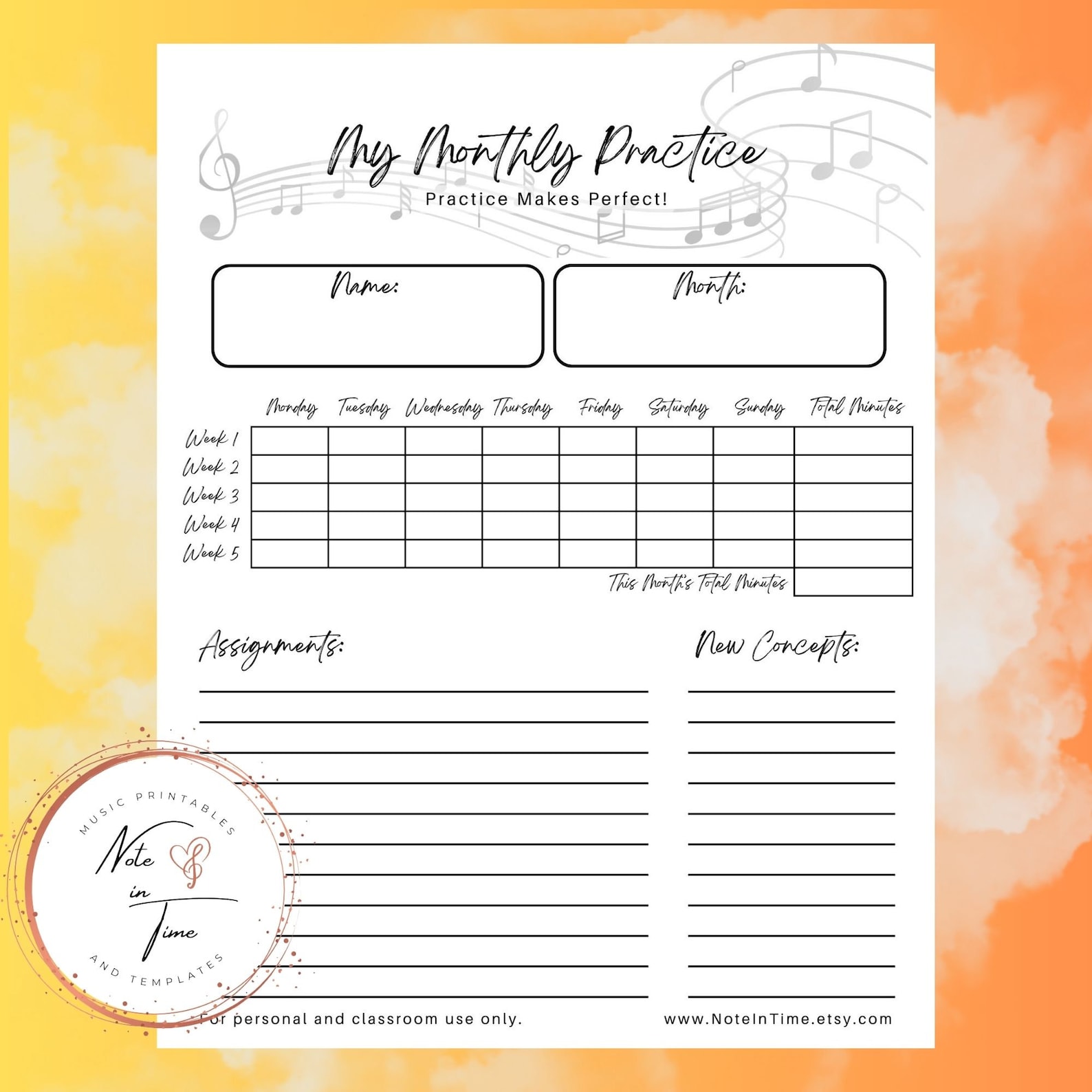 Music Practice Chart, Black and White, Monthly Practice Minutes, for ...