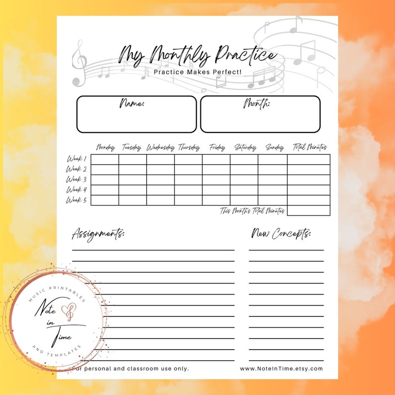 Music Practice Chart, Black and White, Monthly Practice Minutes, for ...