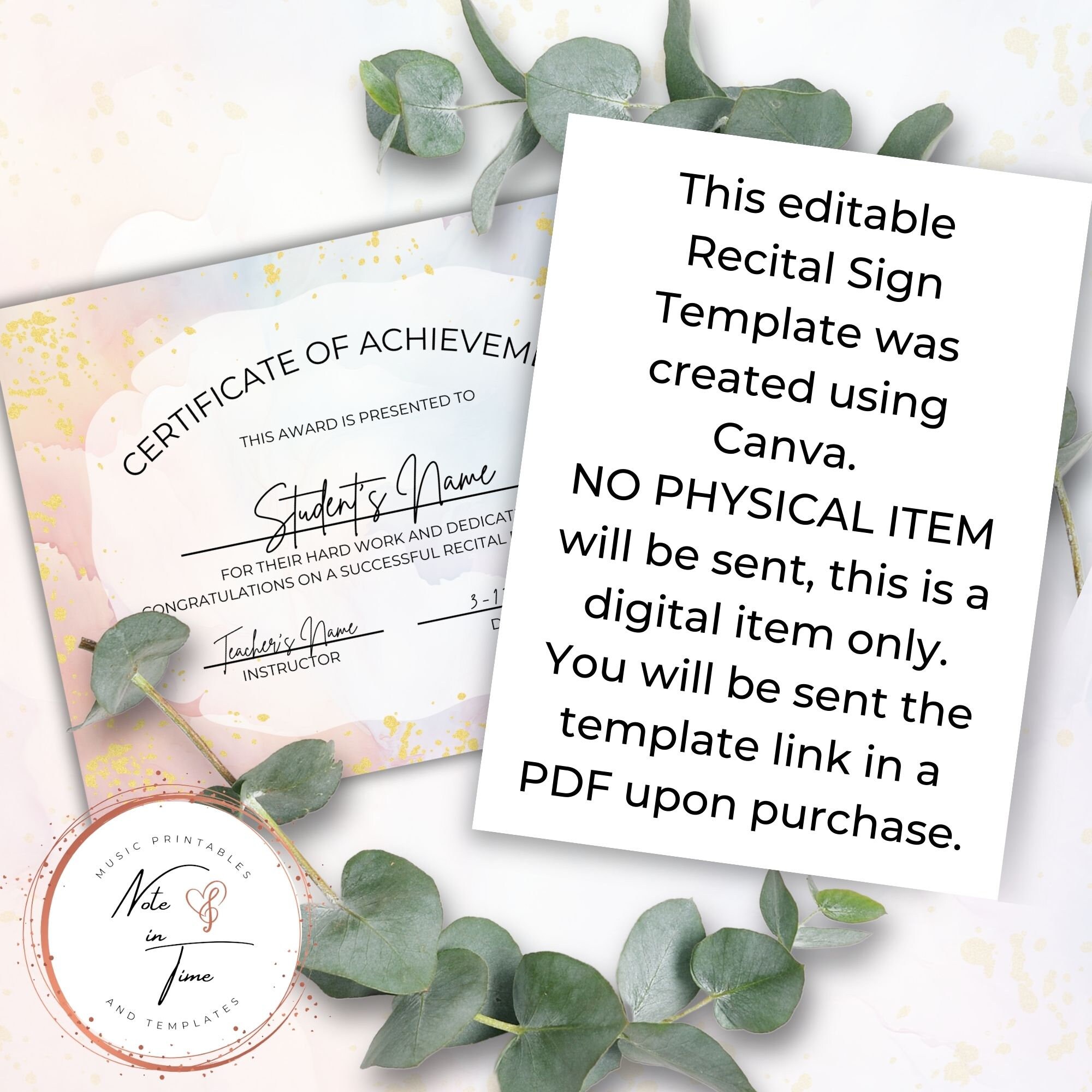 Music Recital Certificate, Piano Student Achievement Award, Editable ...