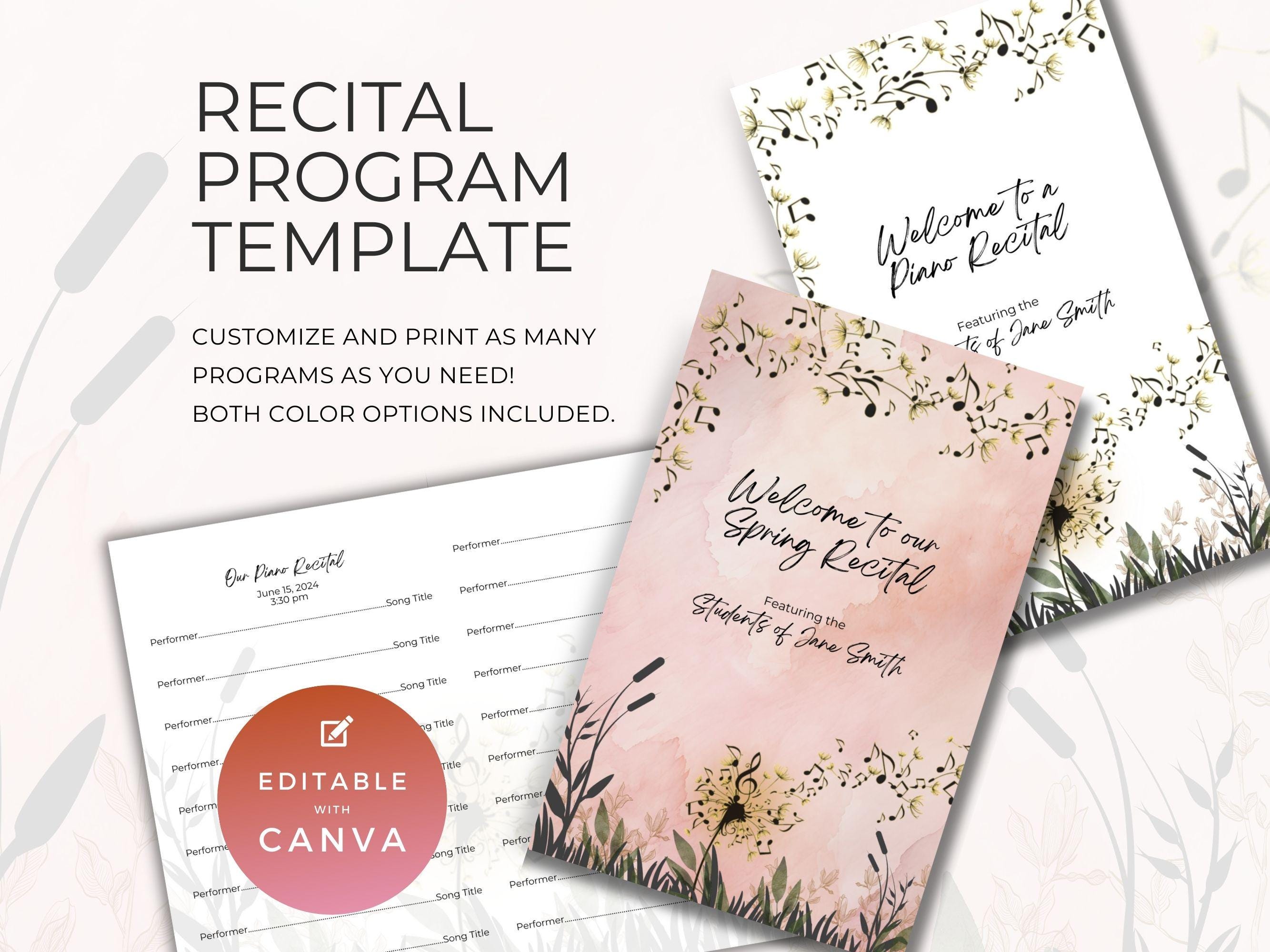 Piano Recital Program Template, Music Teacher Resource, for Performance ...