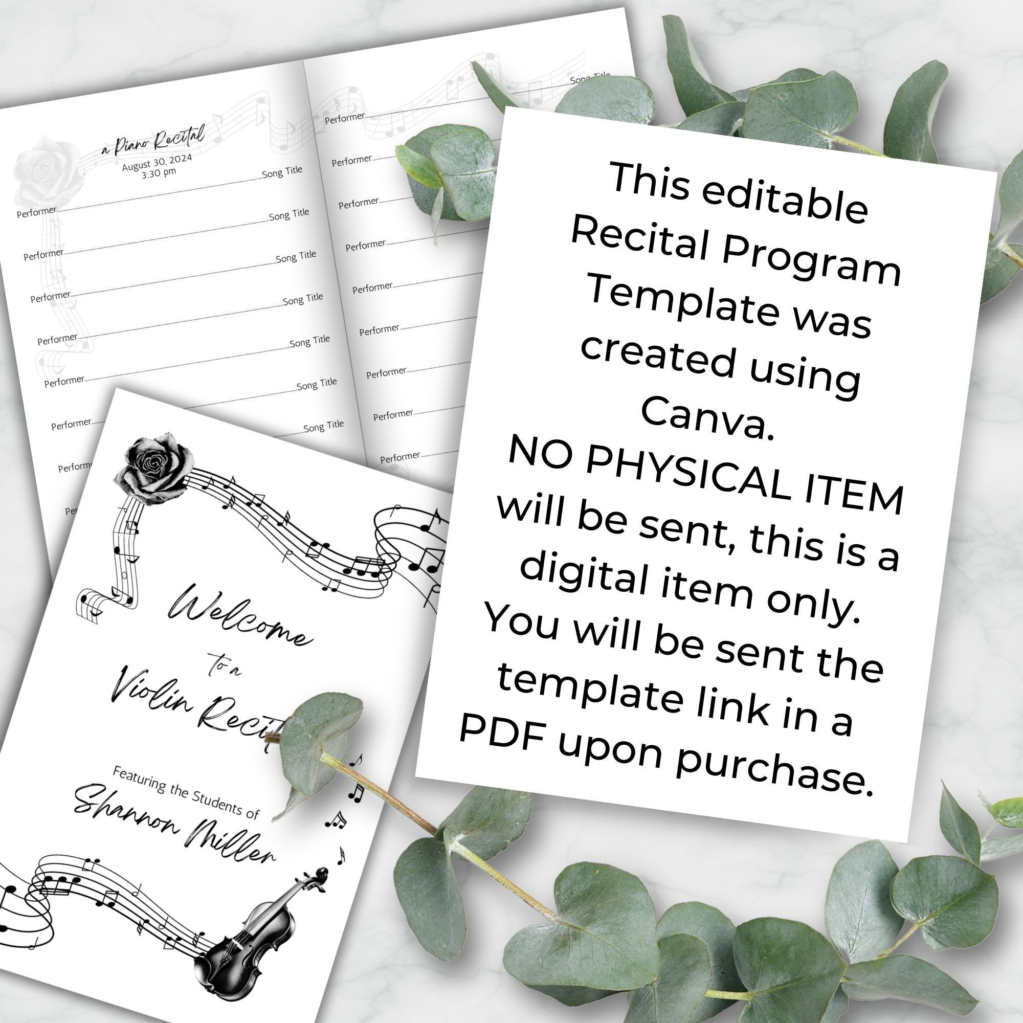 Violin Recital Program Template, Simple Modern Black & White, for String Orchestra Performance ...