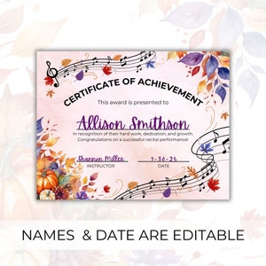Music Recital Certificate, Student Achievement Award, Editable Canva ...